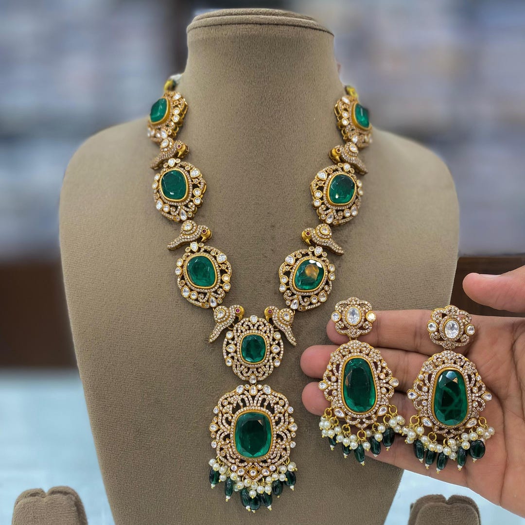 Emerald Green Victorian Doublets Statement Long Necklace Set With ...
