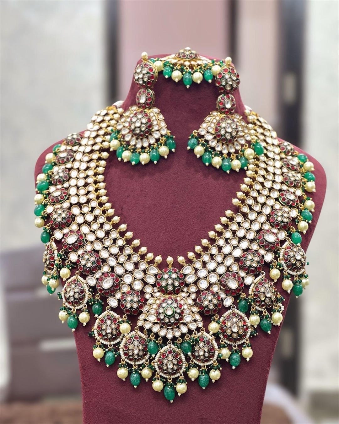 Shloka Ambani Inspired Uncut Kundan Polki Emerald Green Ruby Long ...