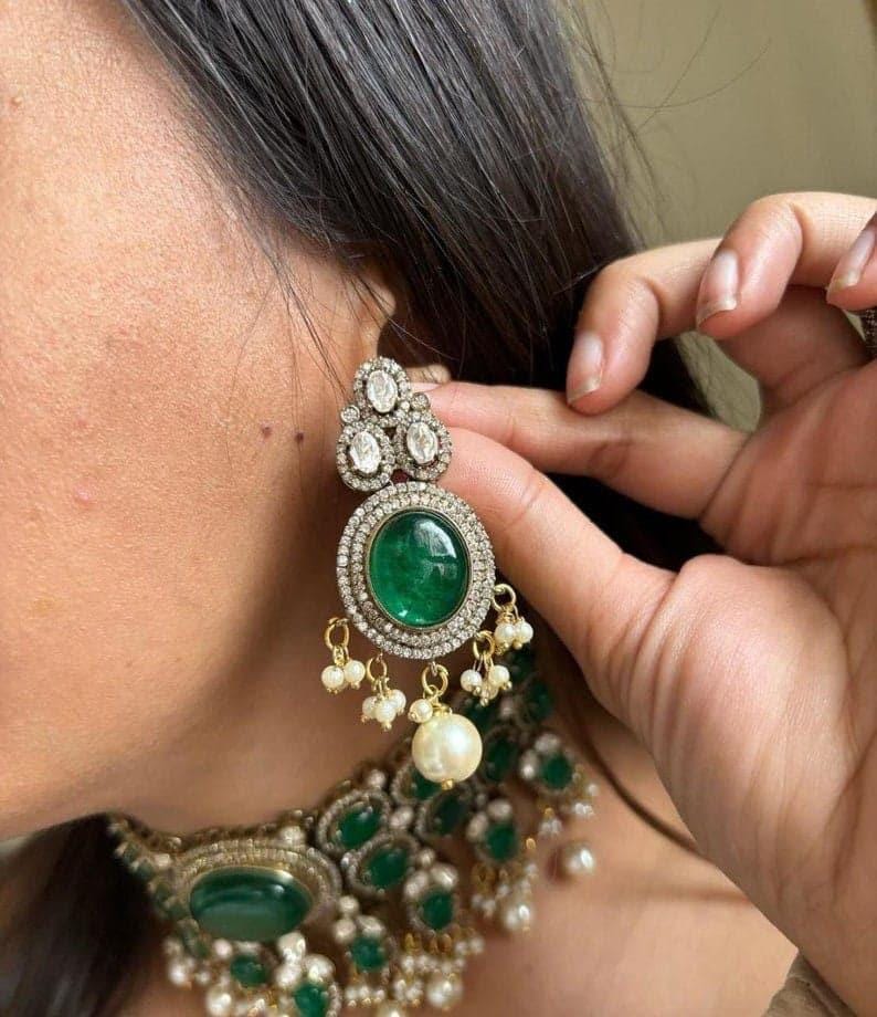 Sabyasachi Inspired Emerald Green Victorian Choker Set With Earrings ... Sabyasachi Inspired Emerald Green Victorian Choker Set With Earrings ...
