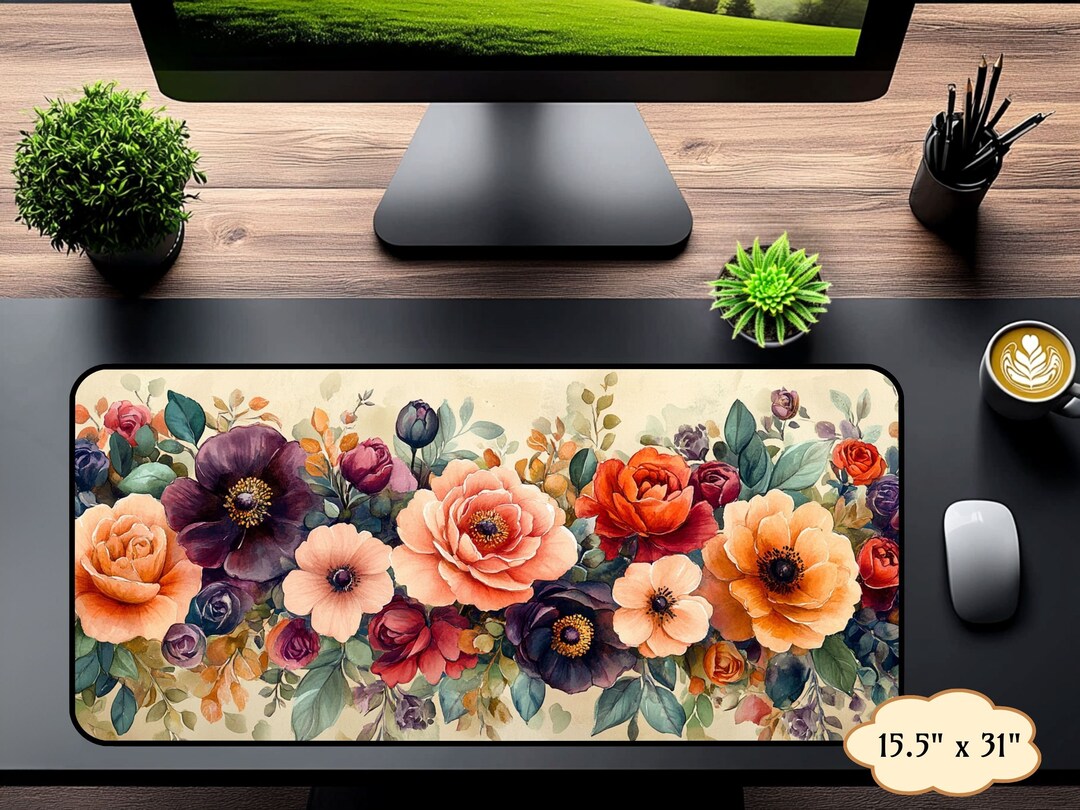 Floral Deskmat,flower Desk Décor Mat,botanical Mousepad Xl,floral ...