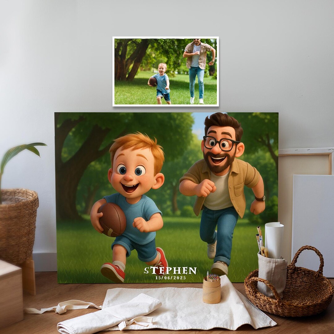 Custom Father & Child Cartoon Portrait: Pixar Style Art (digital ...