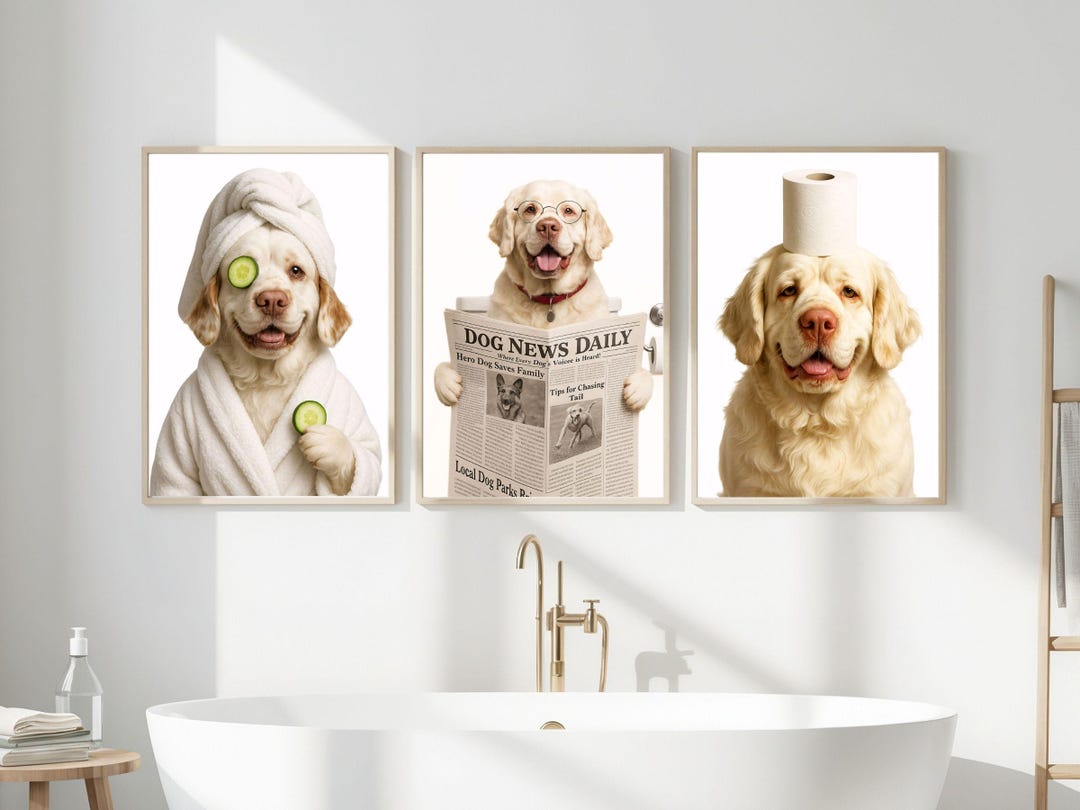 Set of 3 Funny Clumber Spaniel Bathroom Prints, Dog on Toilet Wall Art ...