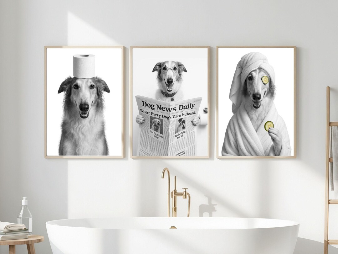 Set of 3 Funny Borzoi Bathroom Prints, Printable Wall Art, Bathroom Art ...