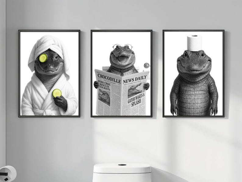 Set of 3 Funny Crocodile Bathroom Prints, Alligator Wall Art, Crocodile ...