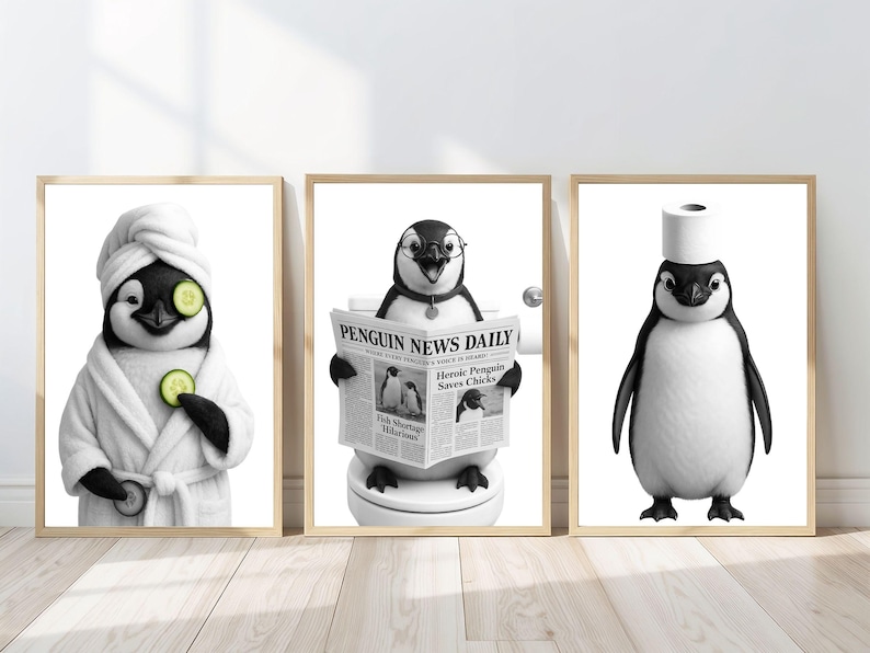 Set of 3 Funny Penguin Bathroom Prints, Printable Wall Art, Penguin Art ...