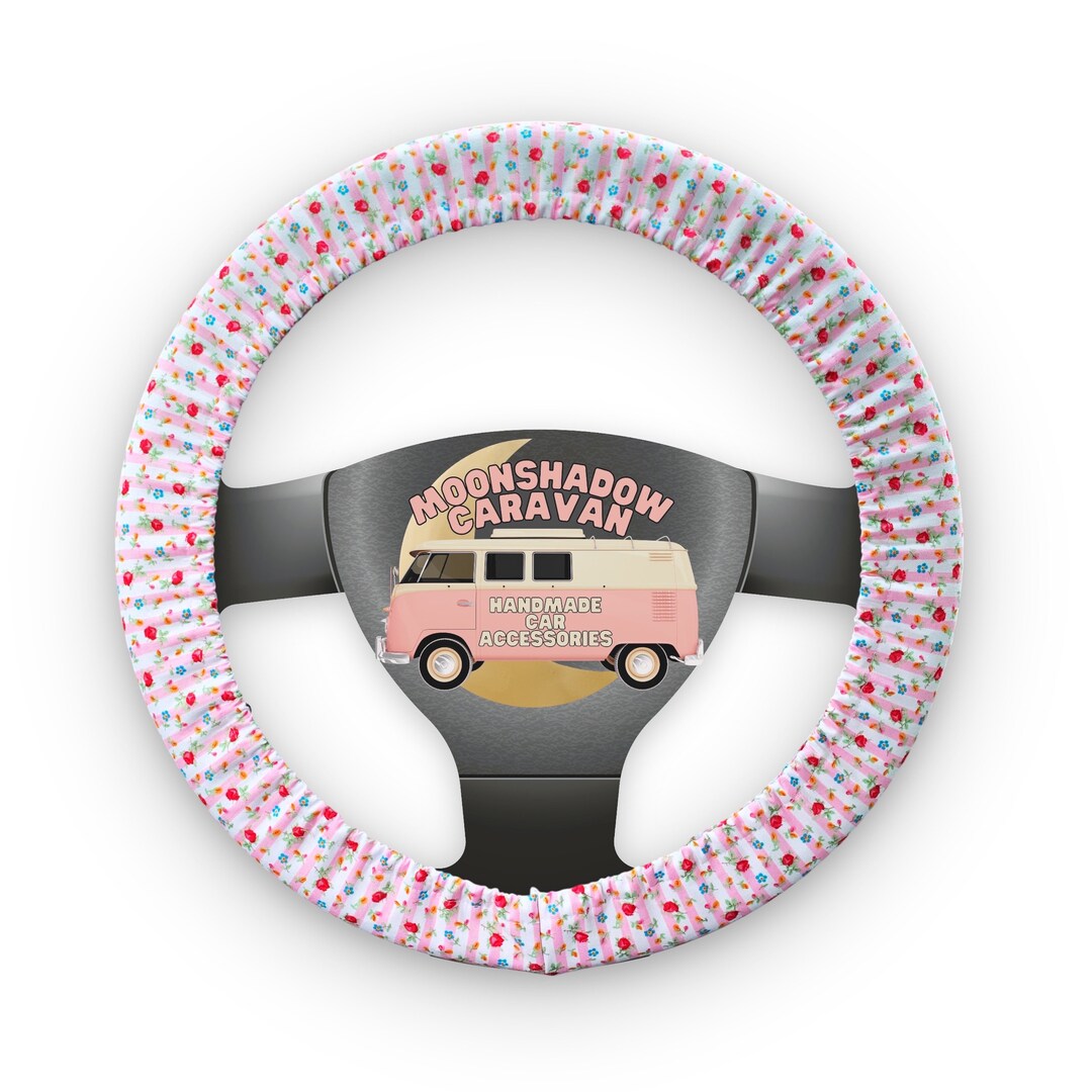 Pink Floral Stripe Steering Wheel Cover W/ Grip Liner | Boho Flower Car ...