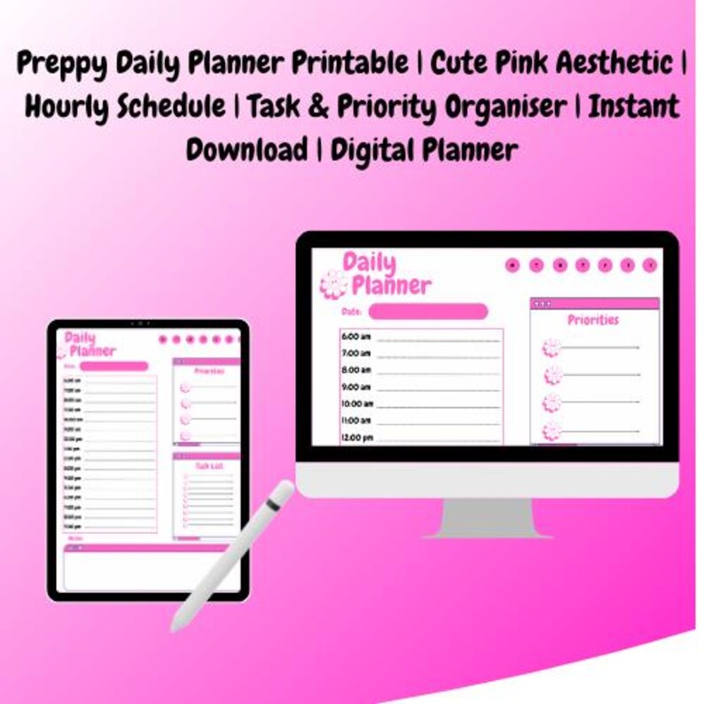 Preppy Daily Planner Printable Cute Pink Aesthetic Hourly Schedule Task ...