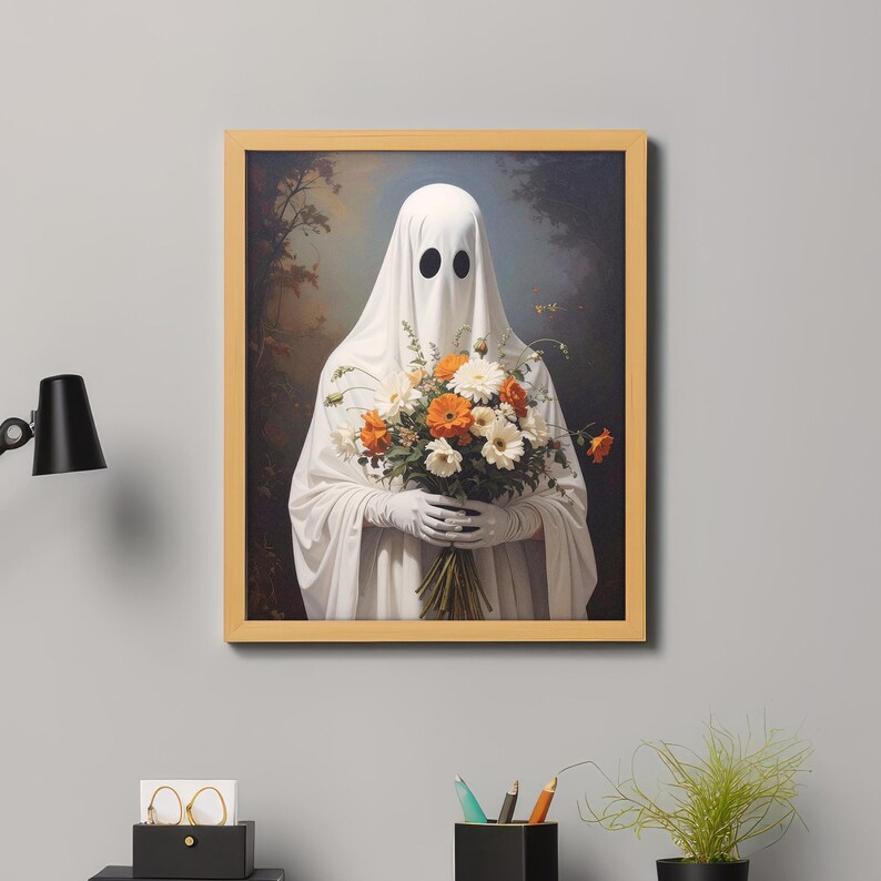 Vintage Ghost Portrait Printable, Ghost Holding Flowers Wall Art, Dark ...