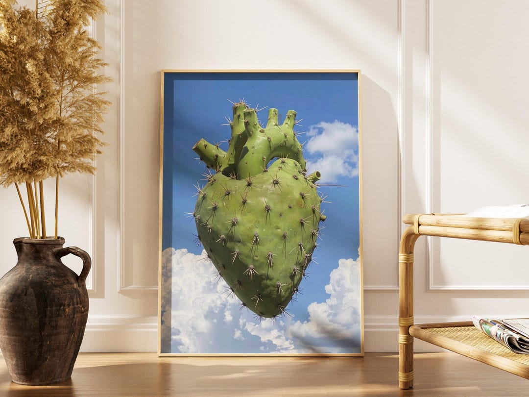 Modern Surrealism Art Print, Prickly Pear Cactus Heart, Vibrant Blue ...