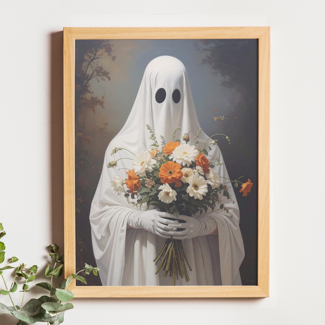 Vintage Ghost Portrait Printable, Ghost Holding Flowers Wall Art, Dark ...