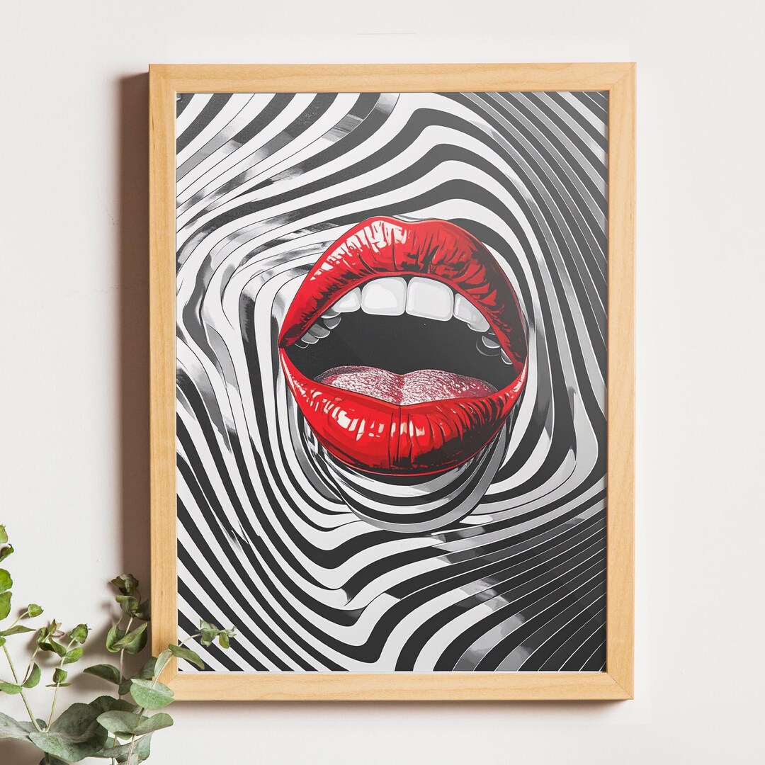 Bold Red Lips Wall Art, Hypnotic Pop Art Print, Modern Maximalist Decor ...