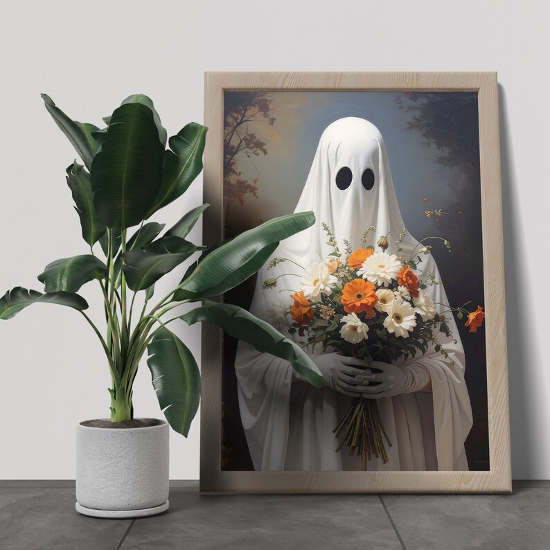 Vintage Ghost Portrait Printable, Ghost Holding Flowers Wall Art, Dark ...