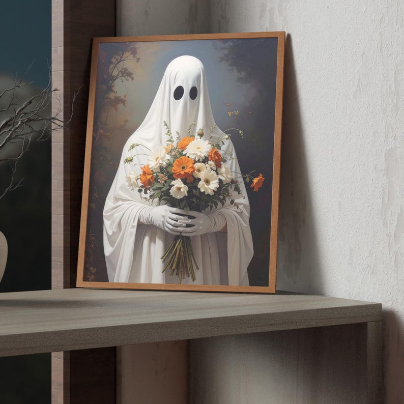Vintage Ghost Portrait Printable, Ghost Holding Flowers Wall Art, Dark ...
