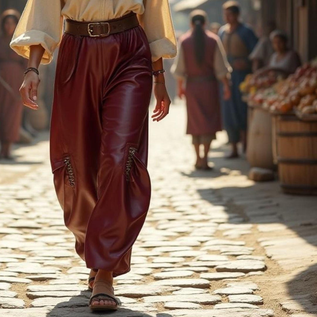 Red Elegant Leather Pants, High Waist Loose Fit Trousers, Medieval ...