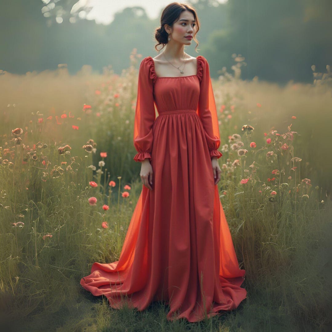 Elegant Long Flowy Cottagecore Women Dress | Renaissance Medieval Gown ...
