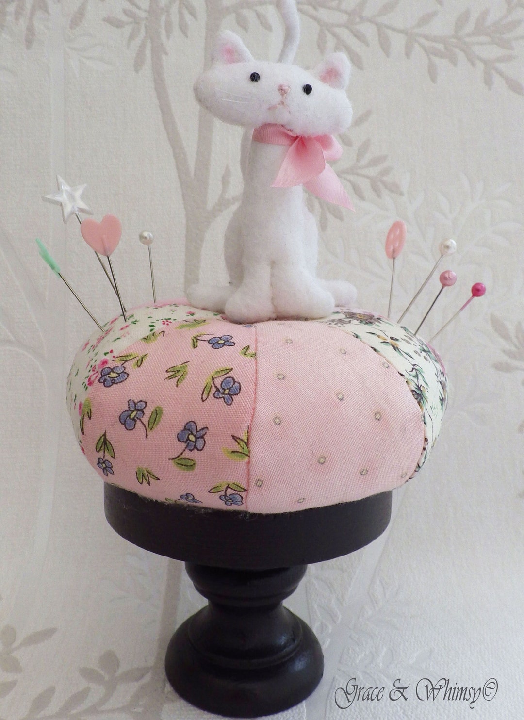 Pink Patchwork Pincushion on Wooden Base Trimmed With Tiny White Cat - Etsy