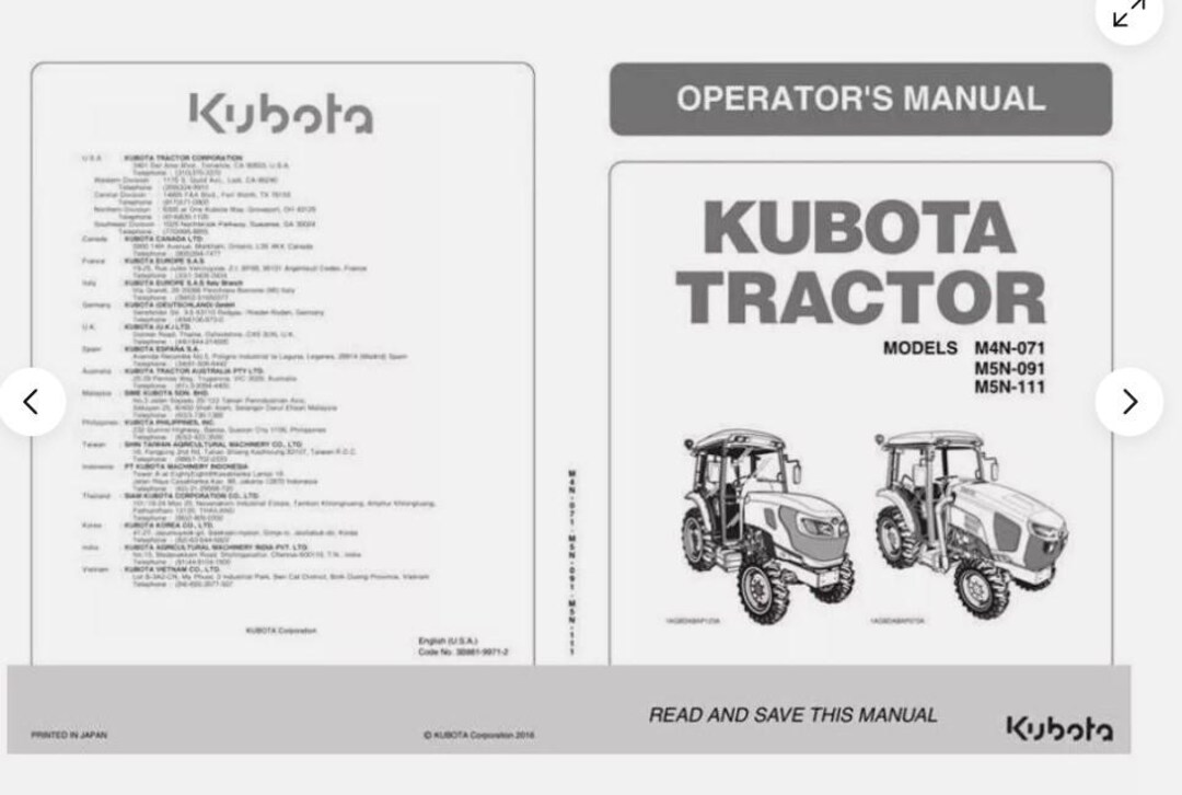 Kubota M4N-071 M5N-091 M5N-111 Operators Maintenance Manual - Etsy