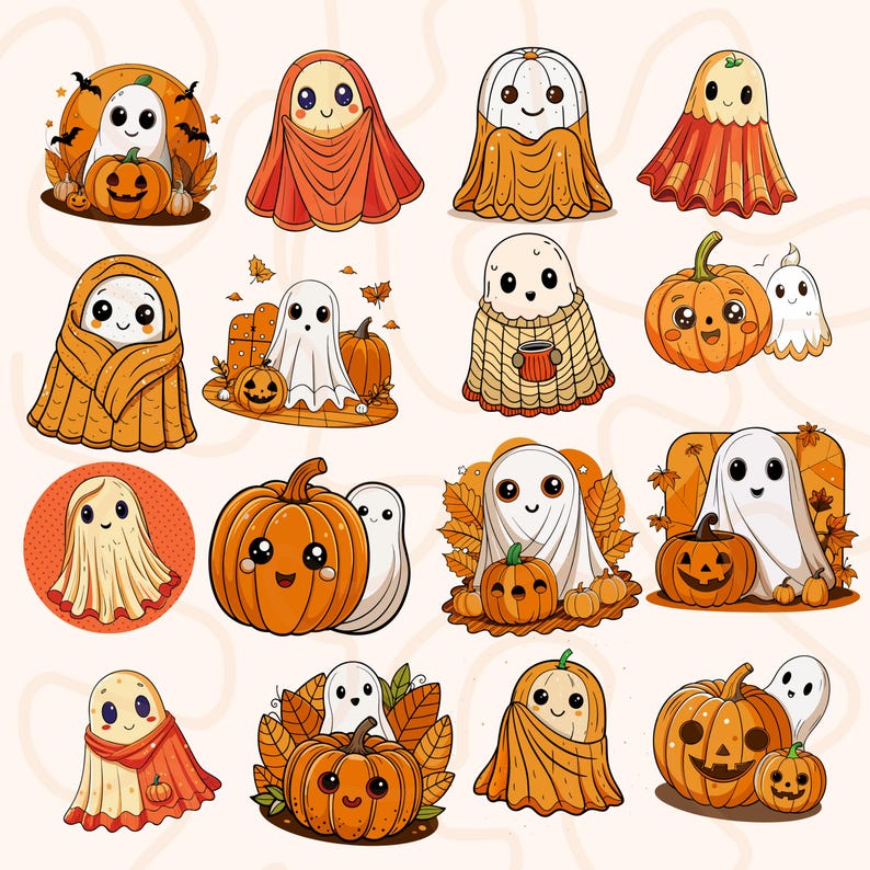 Cute and Cozy Halloween Clipart Bundle, 50 SVG & PNG Images, Friendly ...