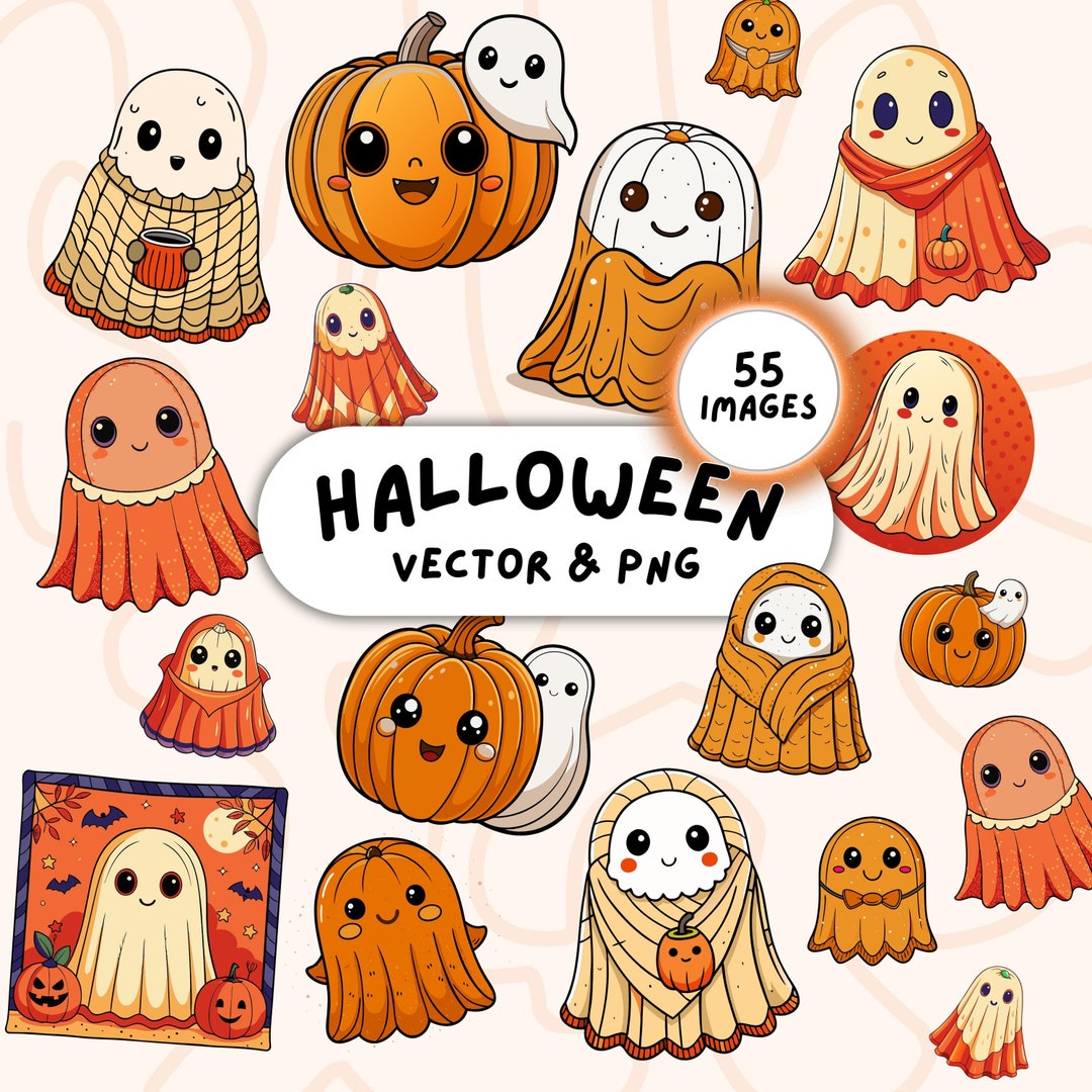 Cute and Cozy Halloween Clipart Bundle, 50 SVG & PNG Images, Friendly ...