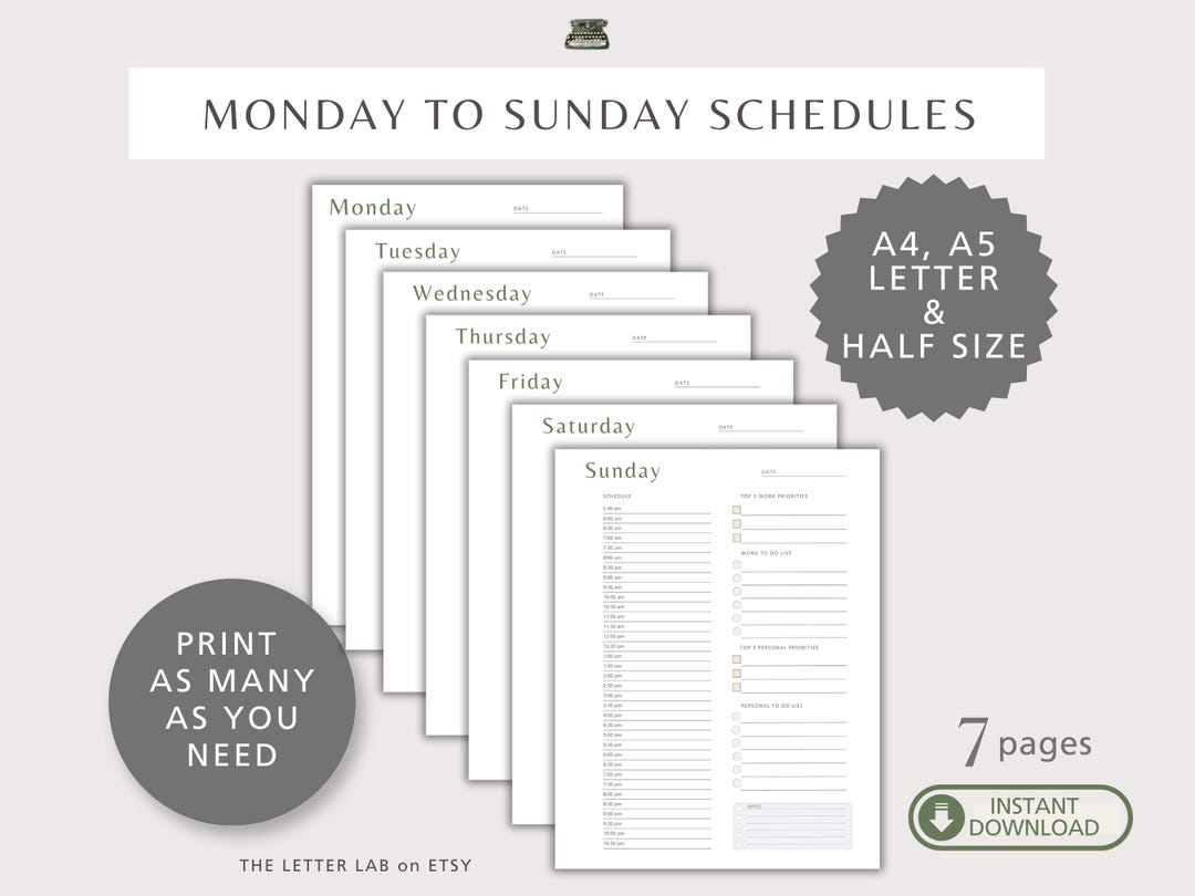 Printable Monday-sunday Schedule, Weekly Overview, Weekly Planner, Week ...