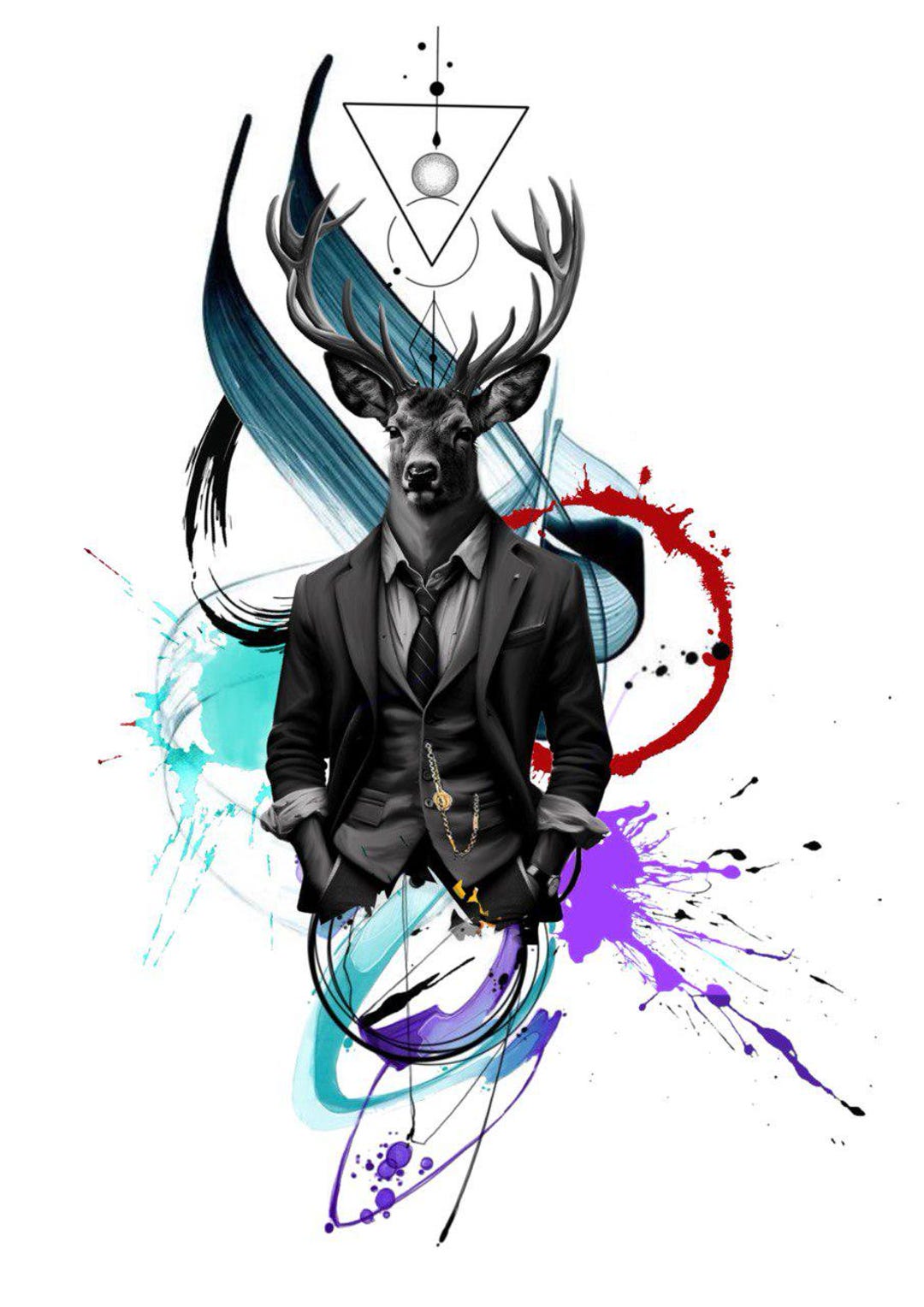 Deer Tattoo Design Trashpolka Style Geometric Style - Etsy