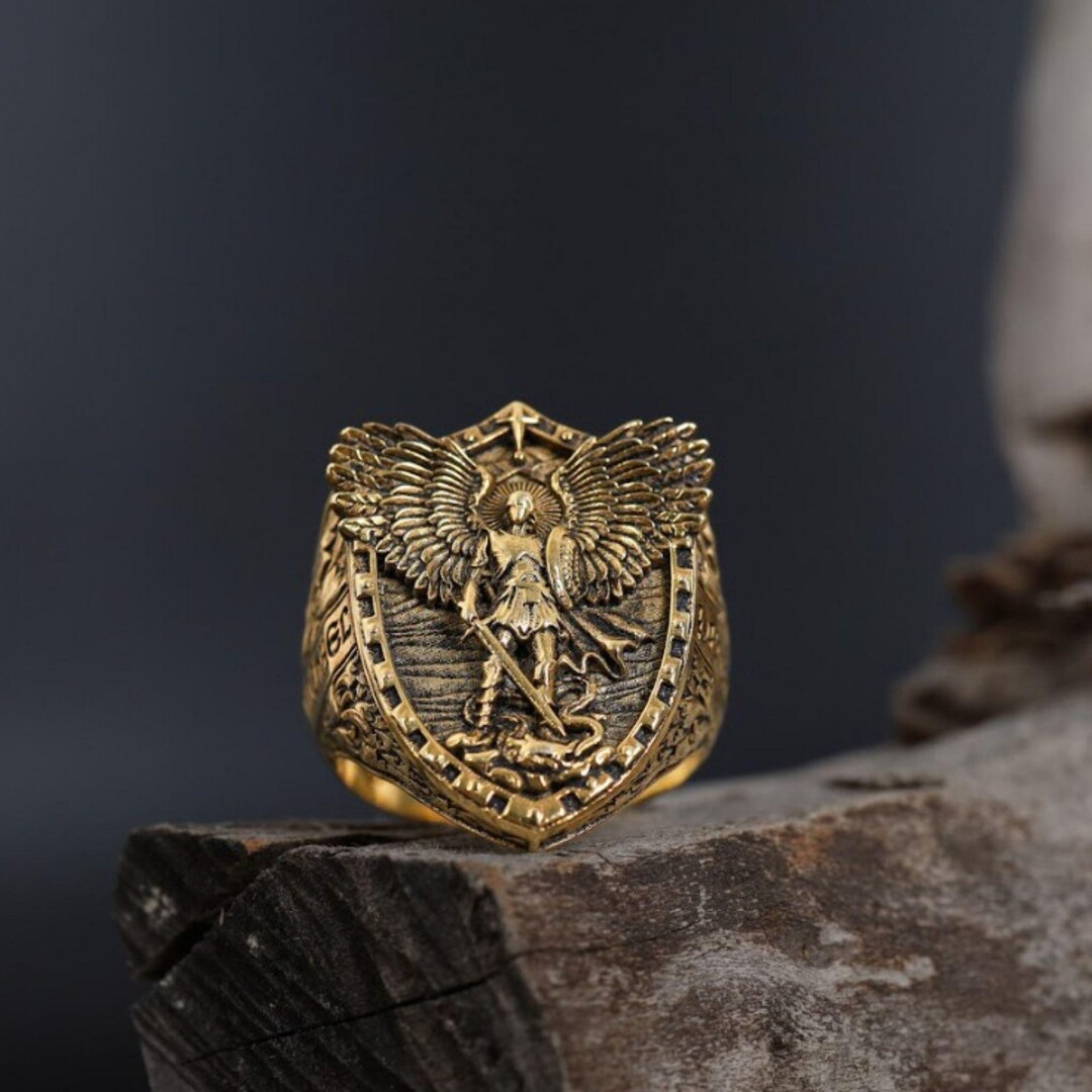 Archangel Michael Shield Ring: Gold Plated Sterling Silver Warrior Ring ...