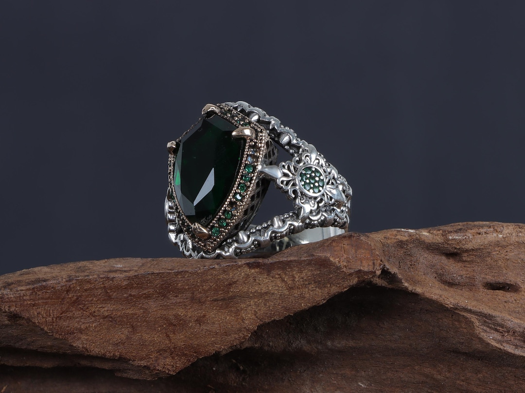 Green Zircon Shield Ring: Mens Gemstone Signet Ring, Elegant Medieval ...