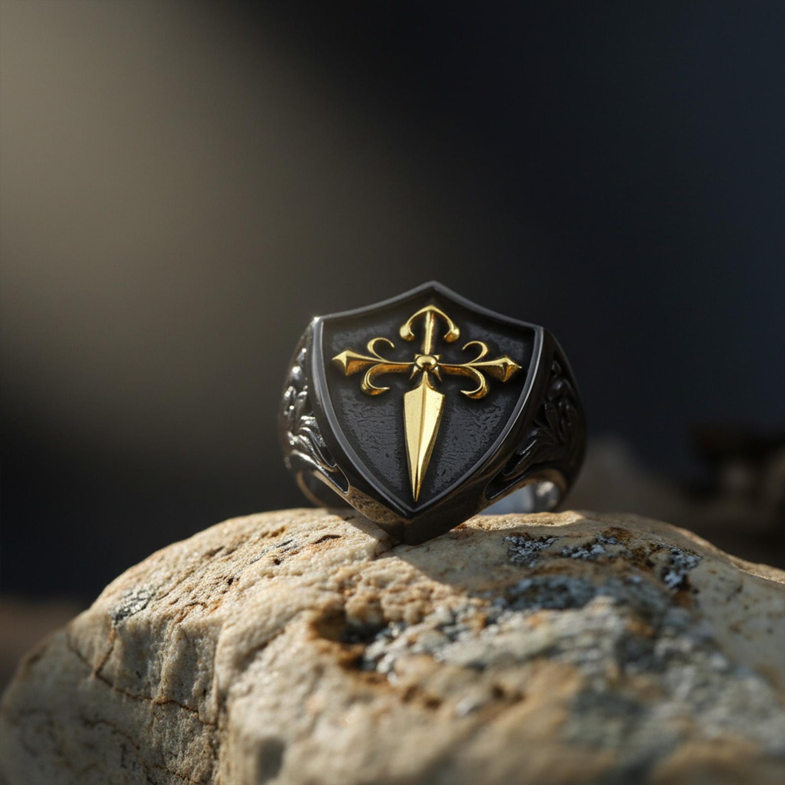 Fleur-de-lis Sword Signet Ring for Men: Gold Plated Shield Ring ...