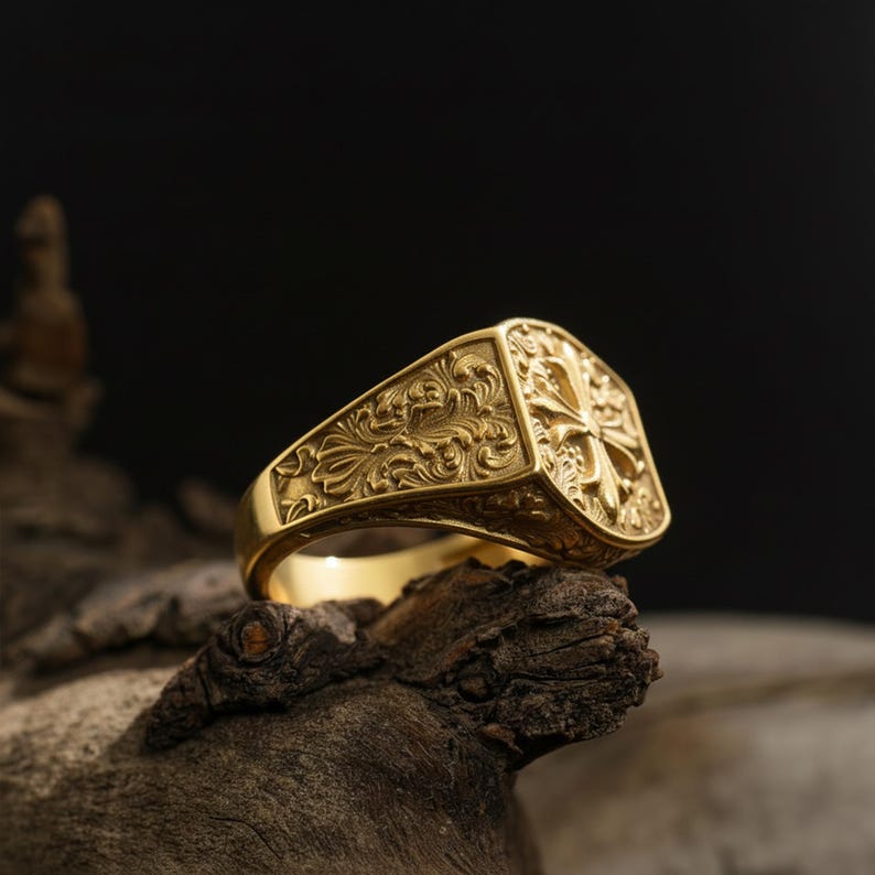 Medieval Templar Cross Ring:gold Plated Sacred Cross Ring, Medieval Signet Ring, Crusader ...