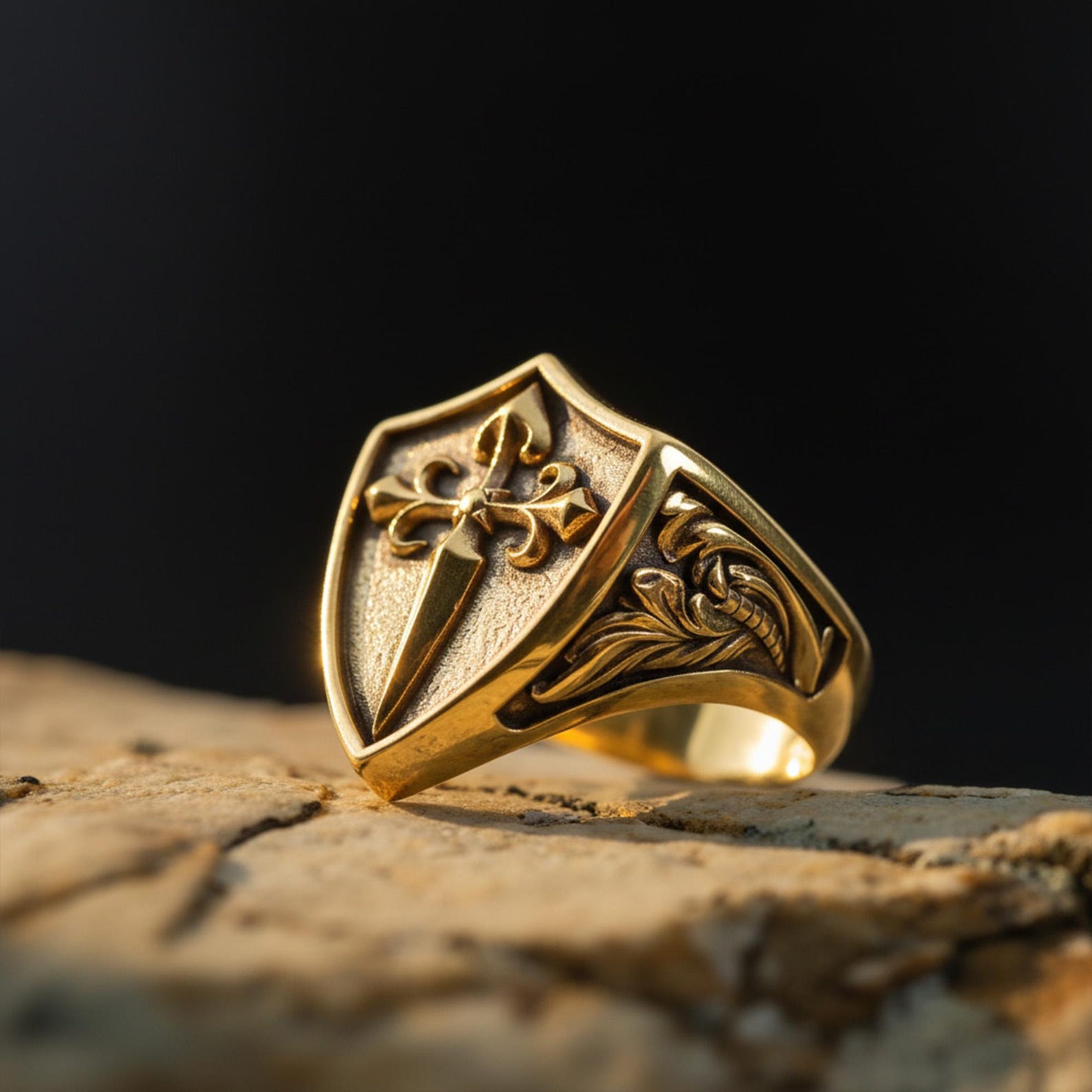 Fleur-de-lis Sword Signet Ring for Men: Gold Plated Shield Ring ...
