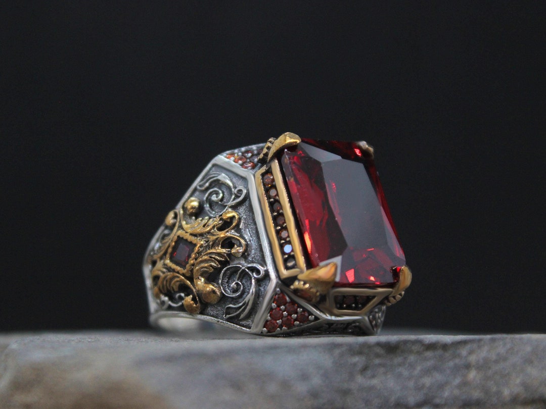 Edwardian Red Stone Men Ring, Large Boho Ring, Detailed Thumb Ring ...