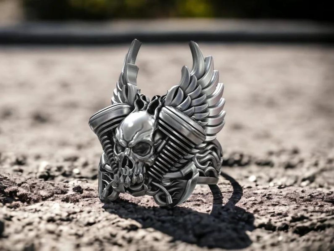 Sterling Silver Skull & Engine Ring: Biker Gothic Jewelry - Etsy