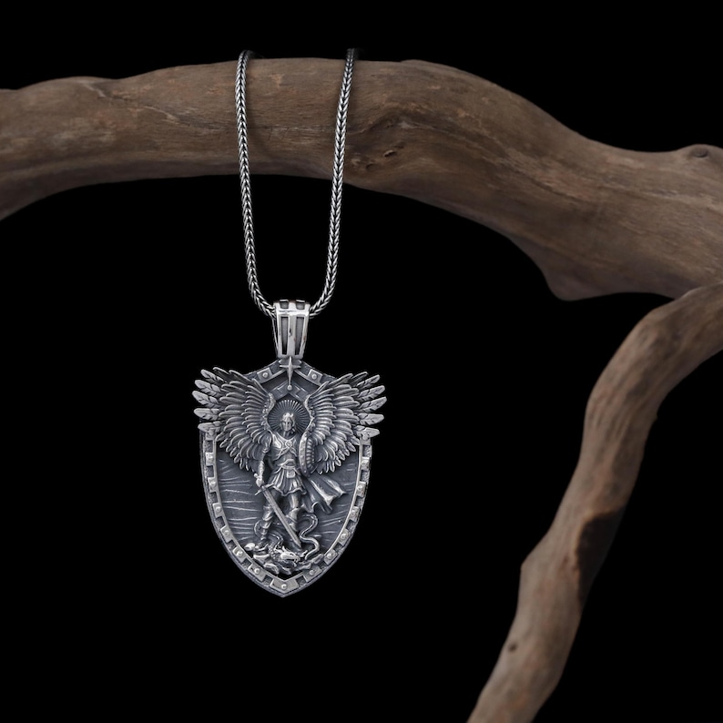 Sterling Silver Archangel Michael Necklace: Warrior Angel Defeating ...