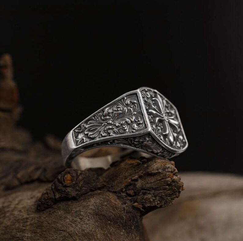 Medieval Templar Cross Ring:gold Plated Sacred Cross Ring, Medieval Signet Ring, Crusader ...