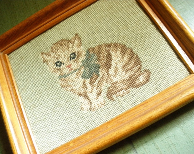 Vintage Needlepoint Cat in Frame - Etsy