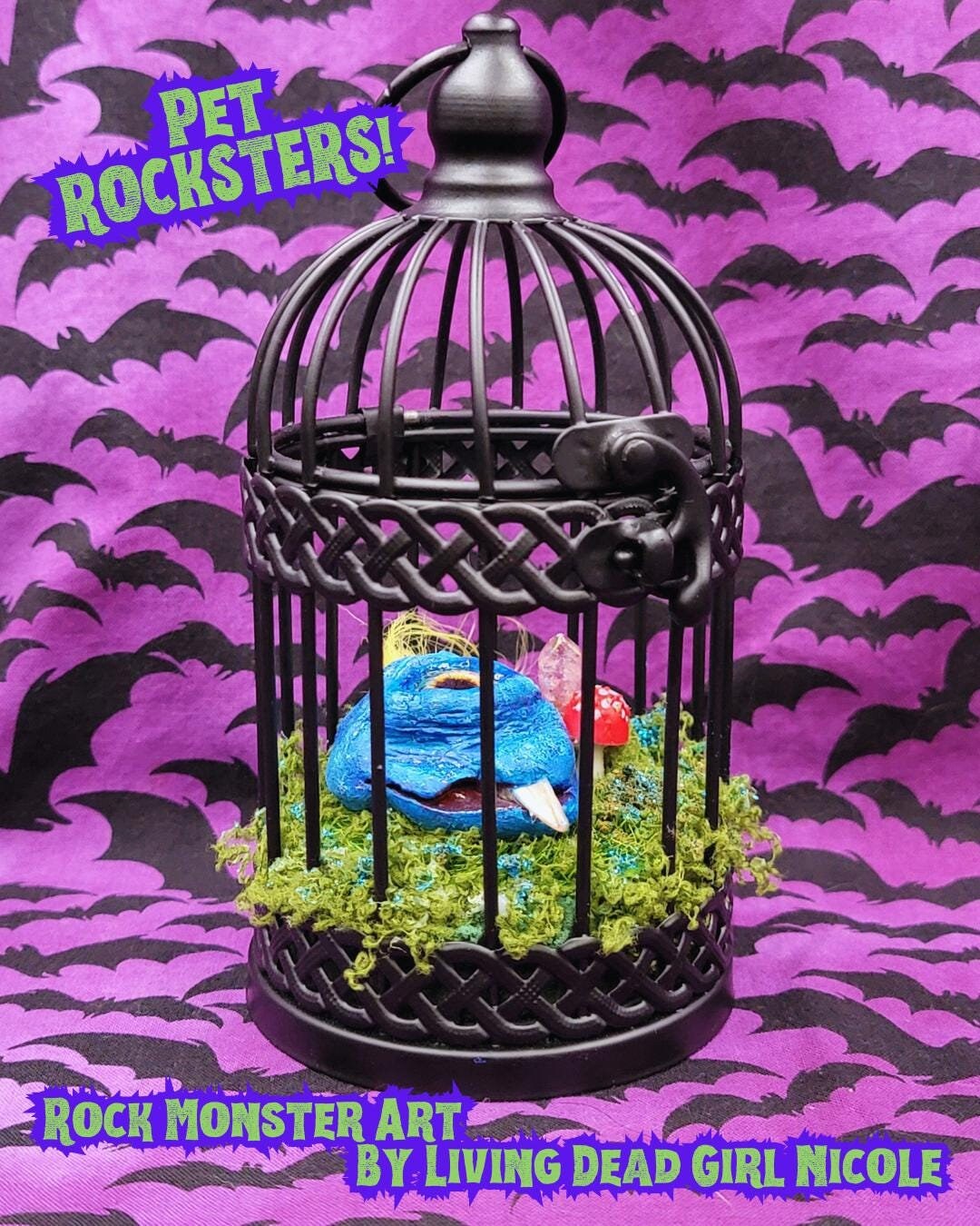 Limited Edition Pet Rockster Blue Whimsical Rock Monster Art in Black ...
