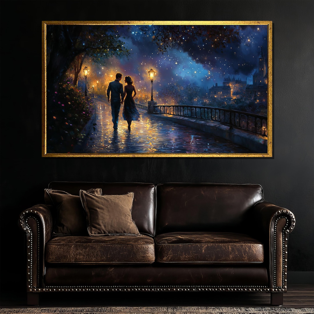 Romantic Night Walk Canvas Painting, Couple Under City Lights, Starry ...