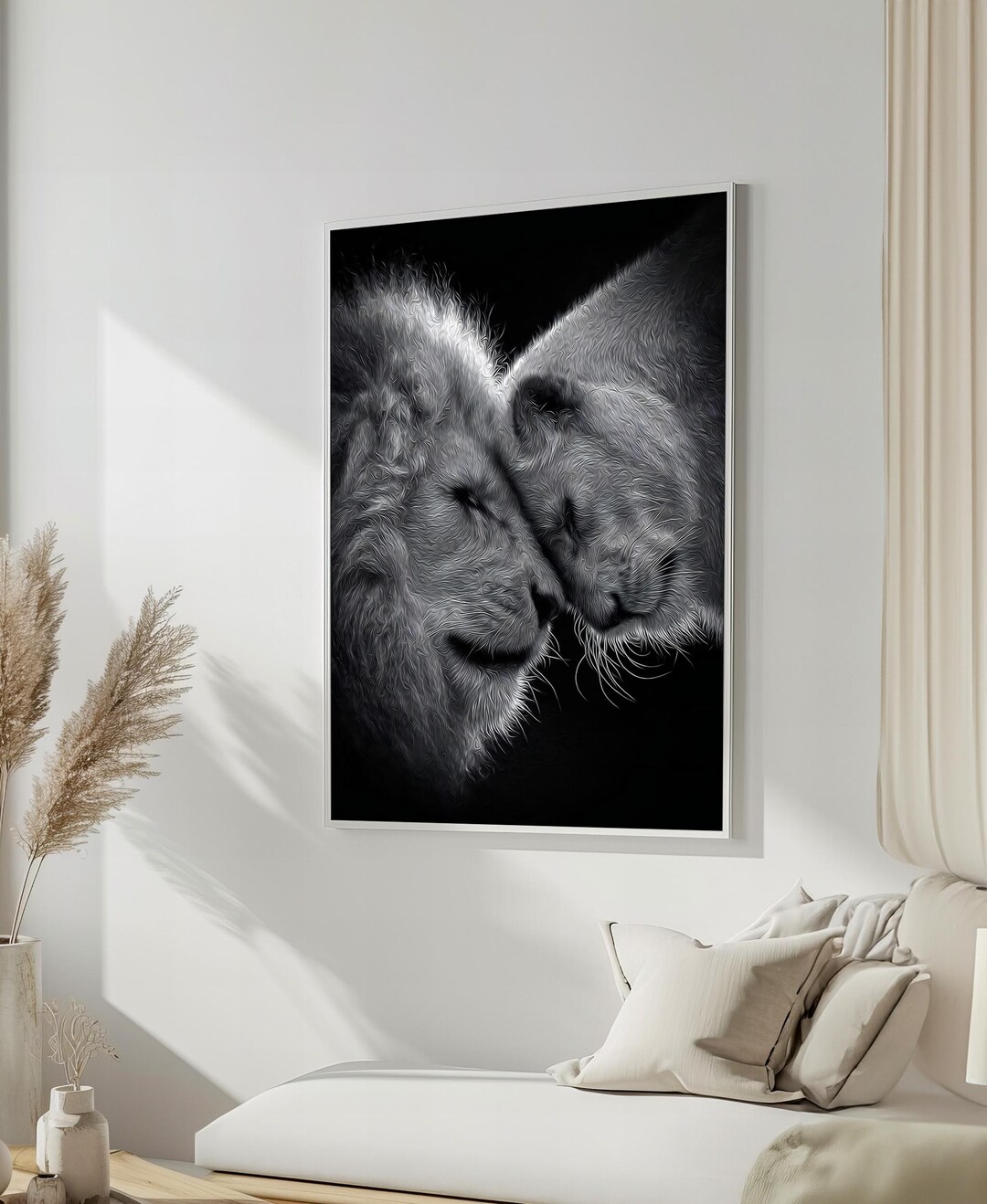 Lion and Lioness in Tender Embrace: Mesmerizing Monochrome Canvas Art ...