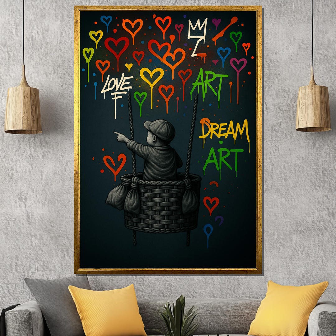 Banksy Kid in Balloon Basket Canvas Painting, Graffiti Heart Wall Art ...