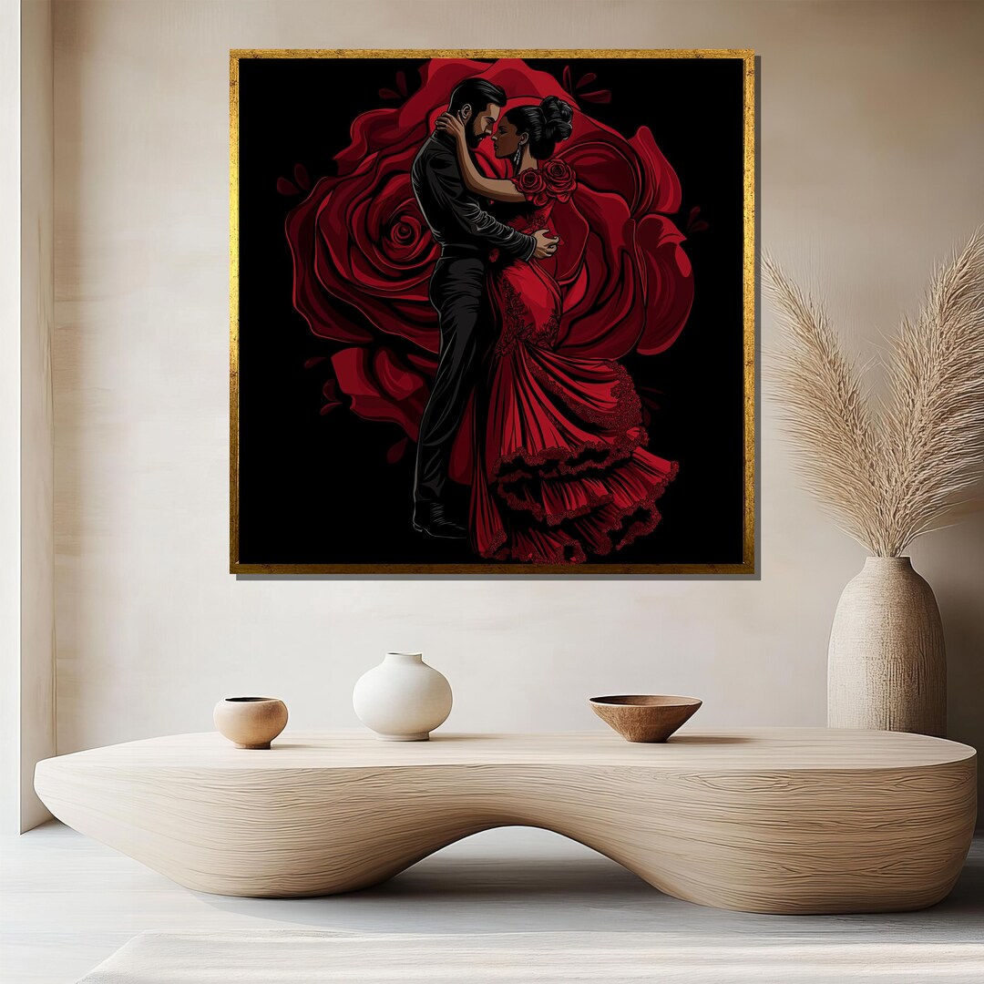 Romantic Flamenco Couple Canvas Painting, Red Rose Dance Wall Art ...