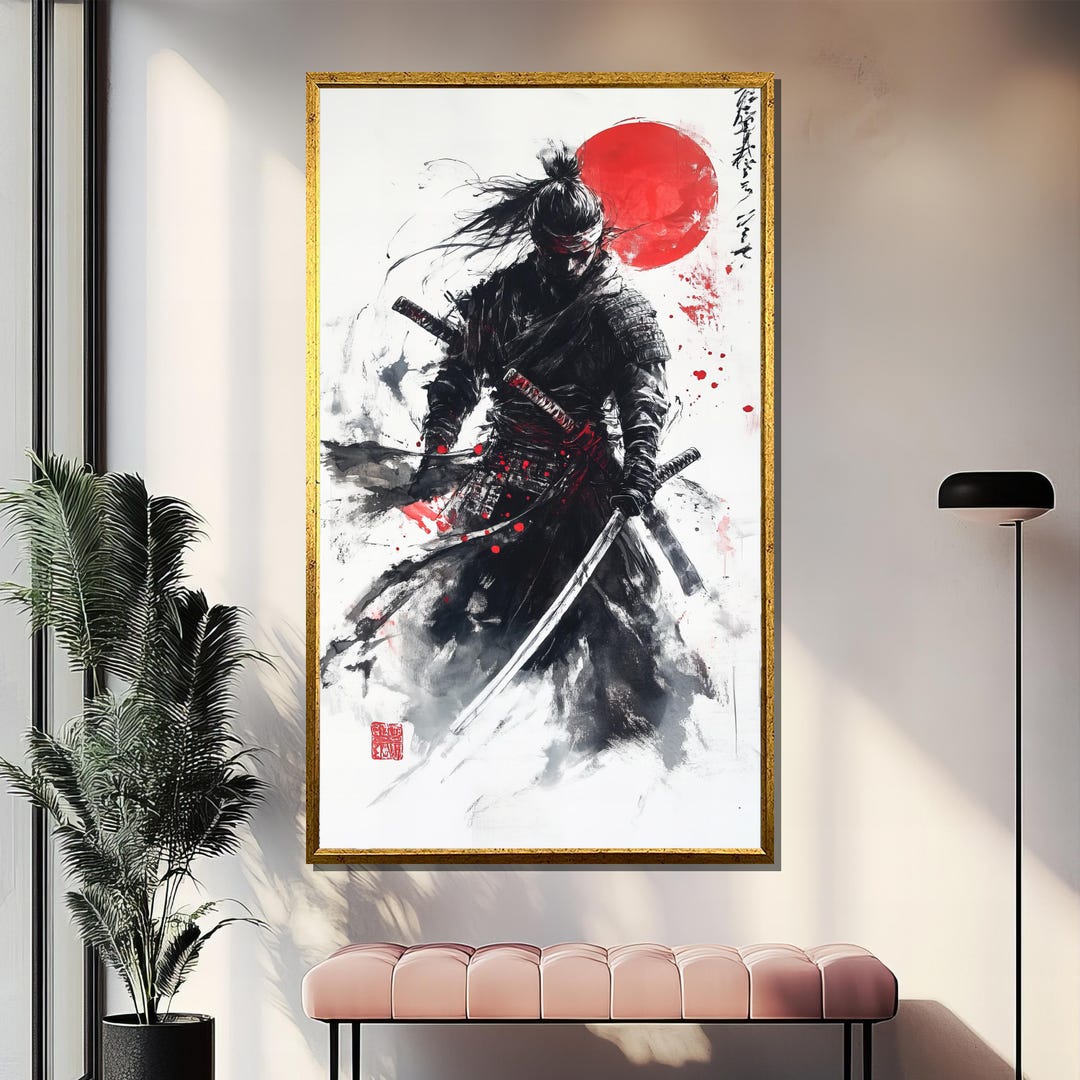 Samurai Warrior Canvas Painting - Japanese Art With Red Sun - Bold Wall ...