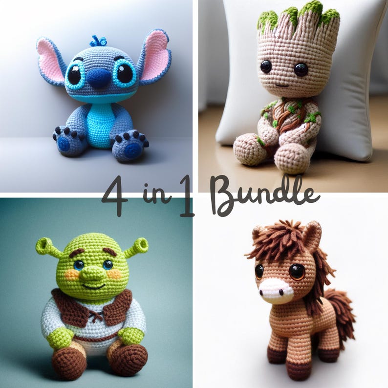 Amigurumi Crochet Pattern Bundle: Stitch, Groot, Shrek, Pony (digital ...