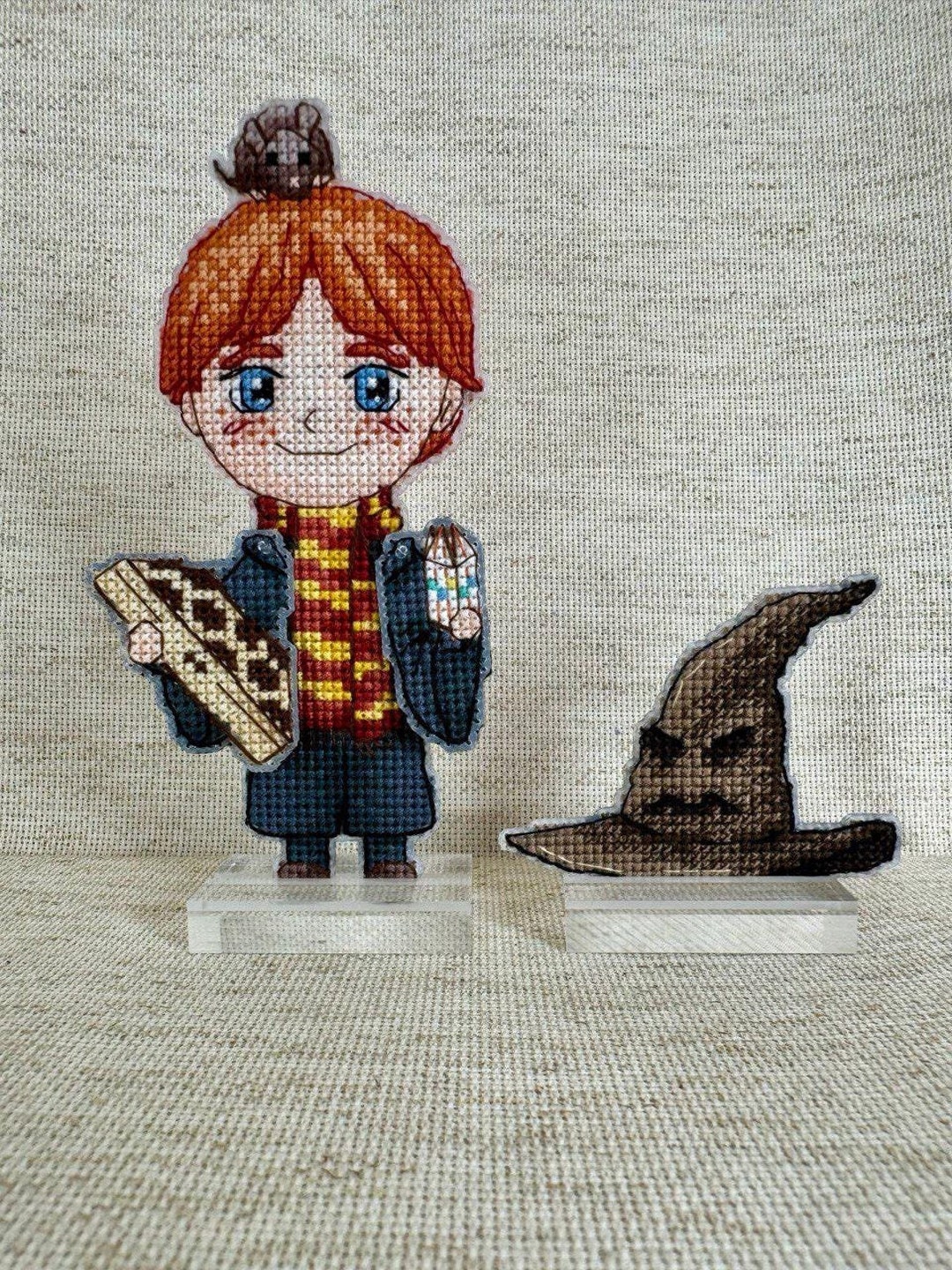 Ron With His Mouse and Sorting Hat Figures Cross Stitch on Plastic Home ...