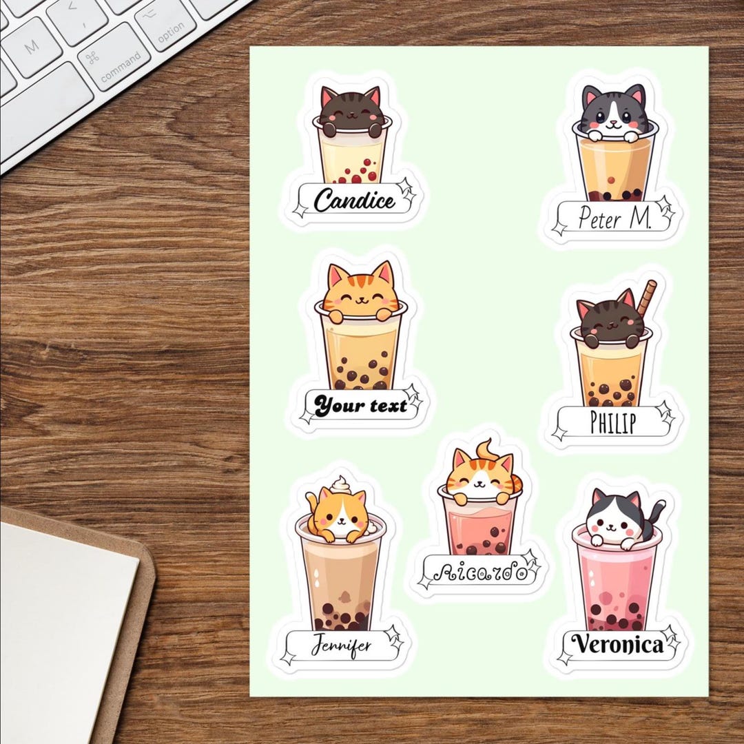 Custom Name Tag Sticker Sheet – Cute Cartoon Cats on Boba Tea With ...
