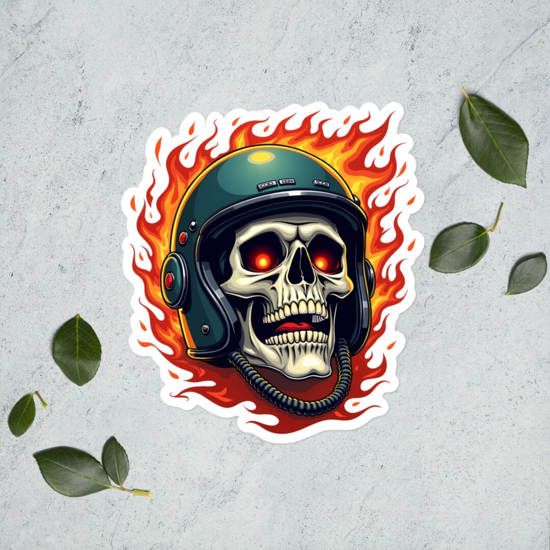 Flaming Skull Sticker Glowing Eyes & Biker Helmet Ai-generated Vinyl ...