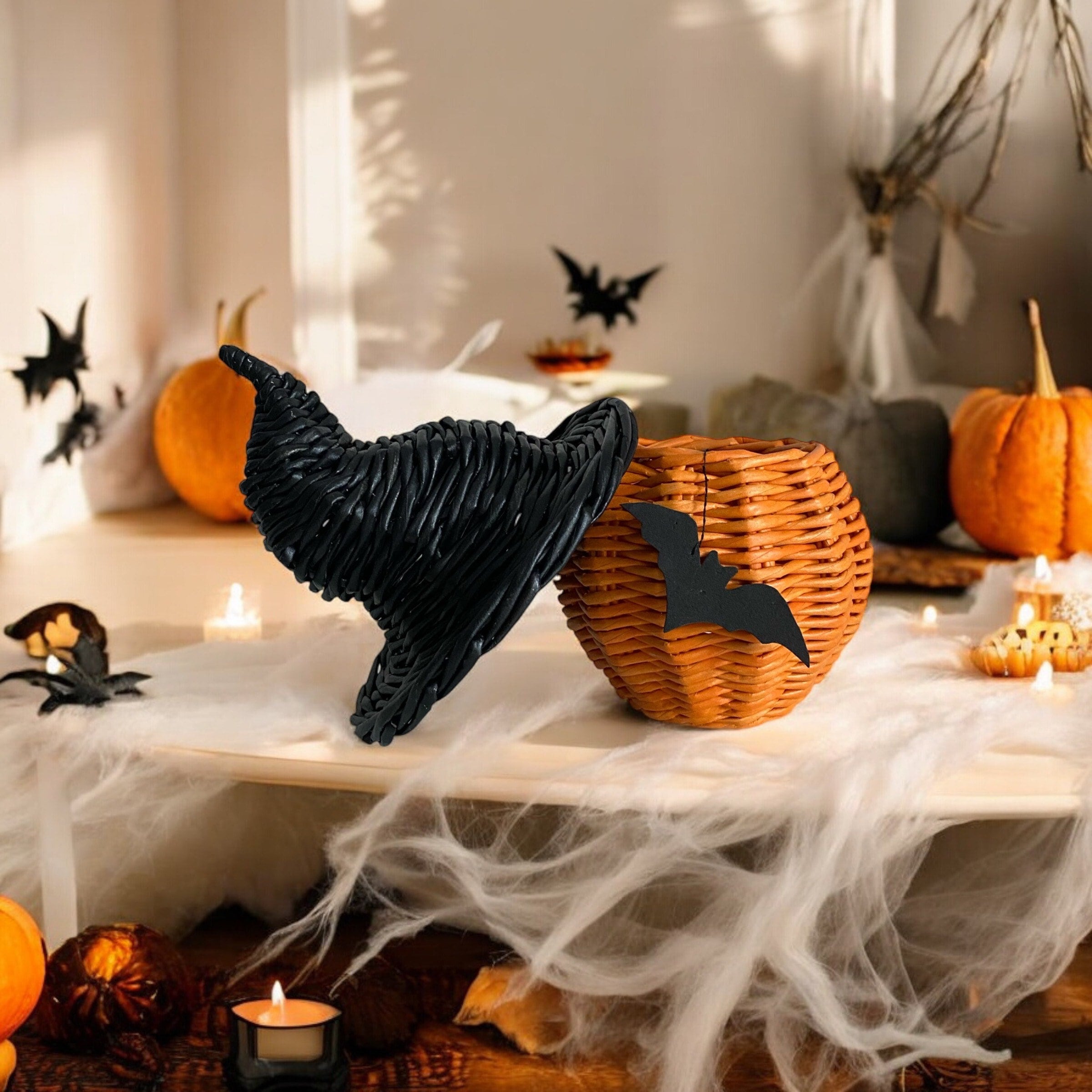 Halloween Pumpkin Wicker Basket, Witch Hat Decor, Halloween Unique ...