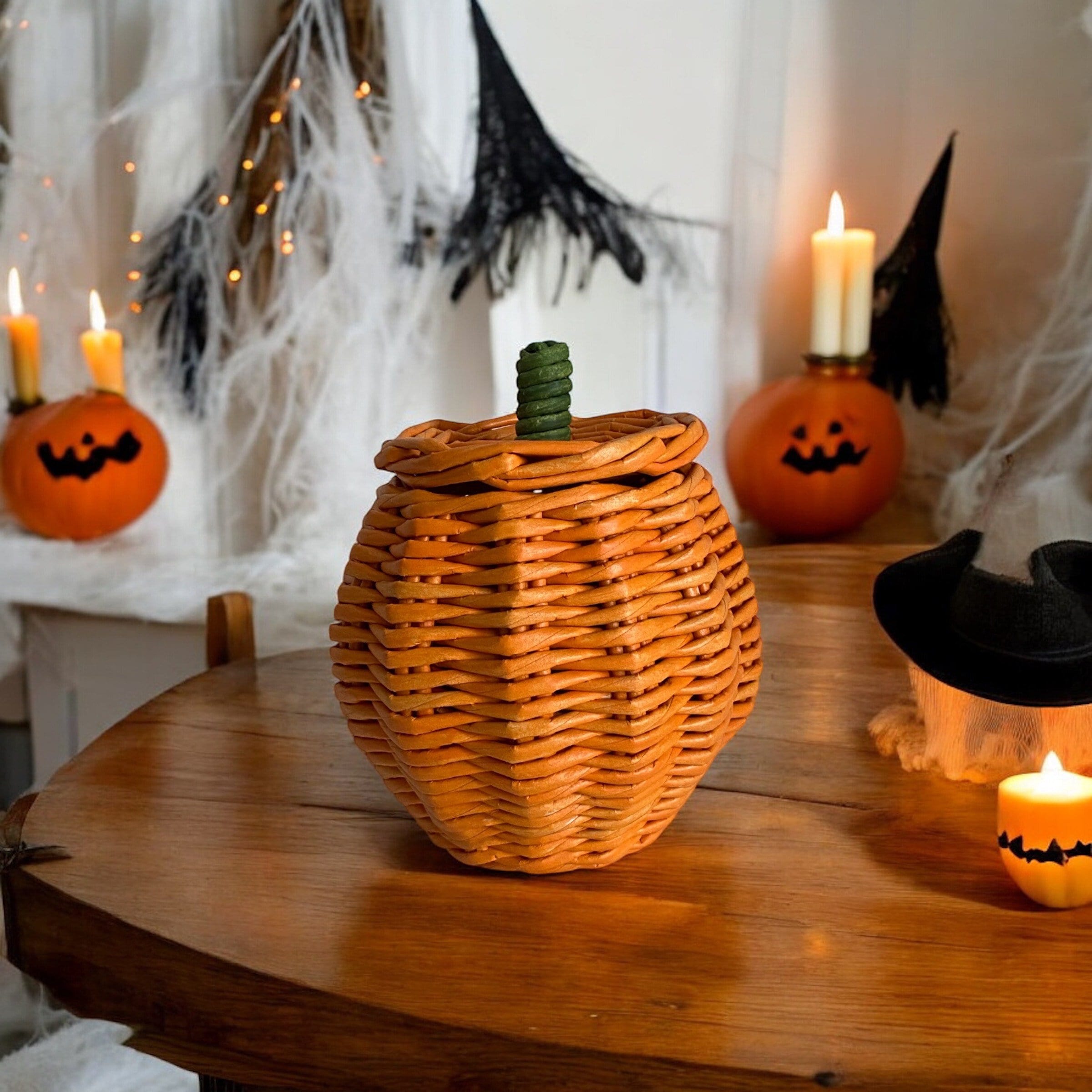 Halloween Pumpkin Wicker Basket, Witch Hat Decor, Halloween Unique ...