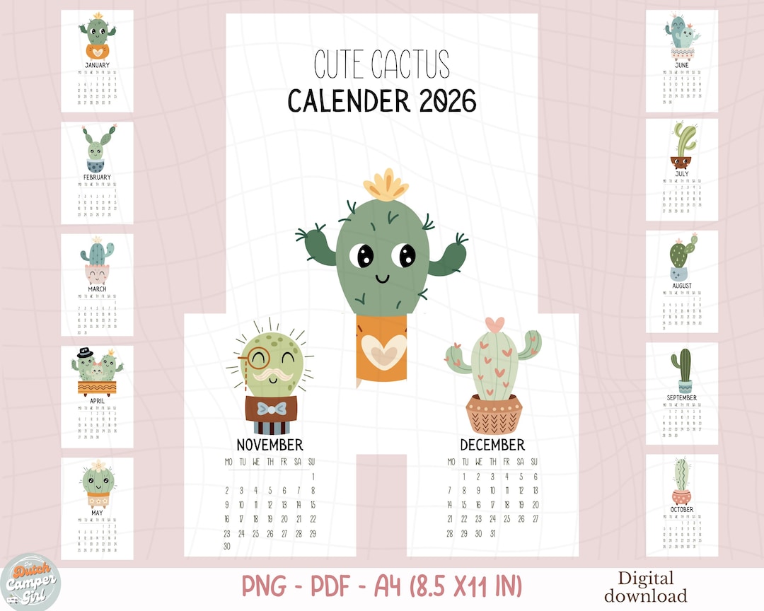 Cactus Calendar 2026 Printable | Funny Kawaii Cactus Wall Art | Kids ...