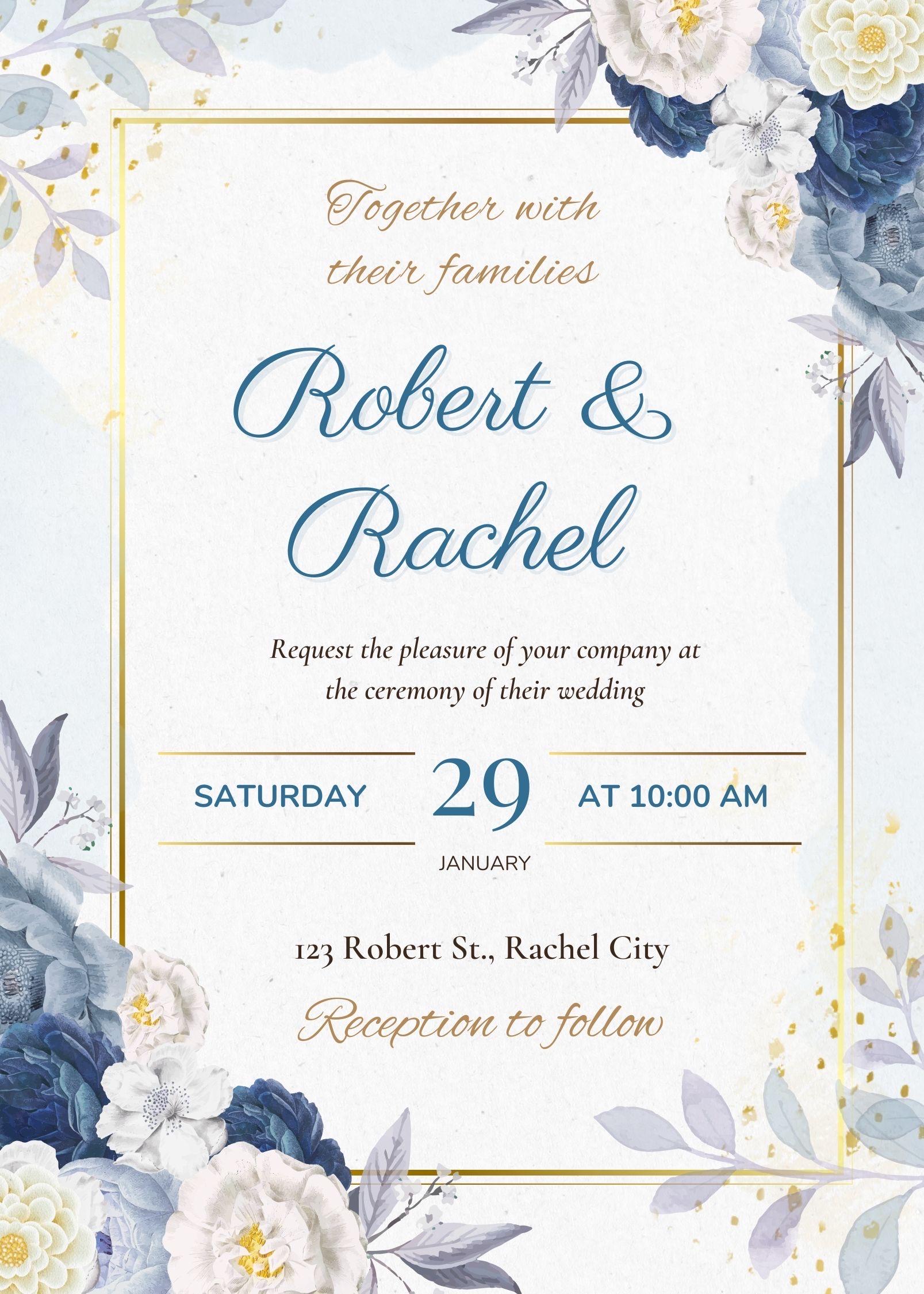 Digital Blue and Gold Wedding Invitation Template (editable + Printable ...