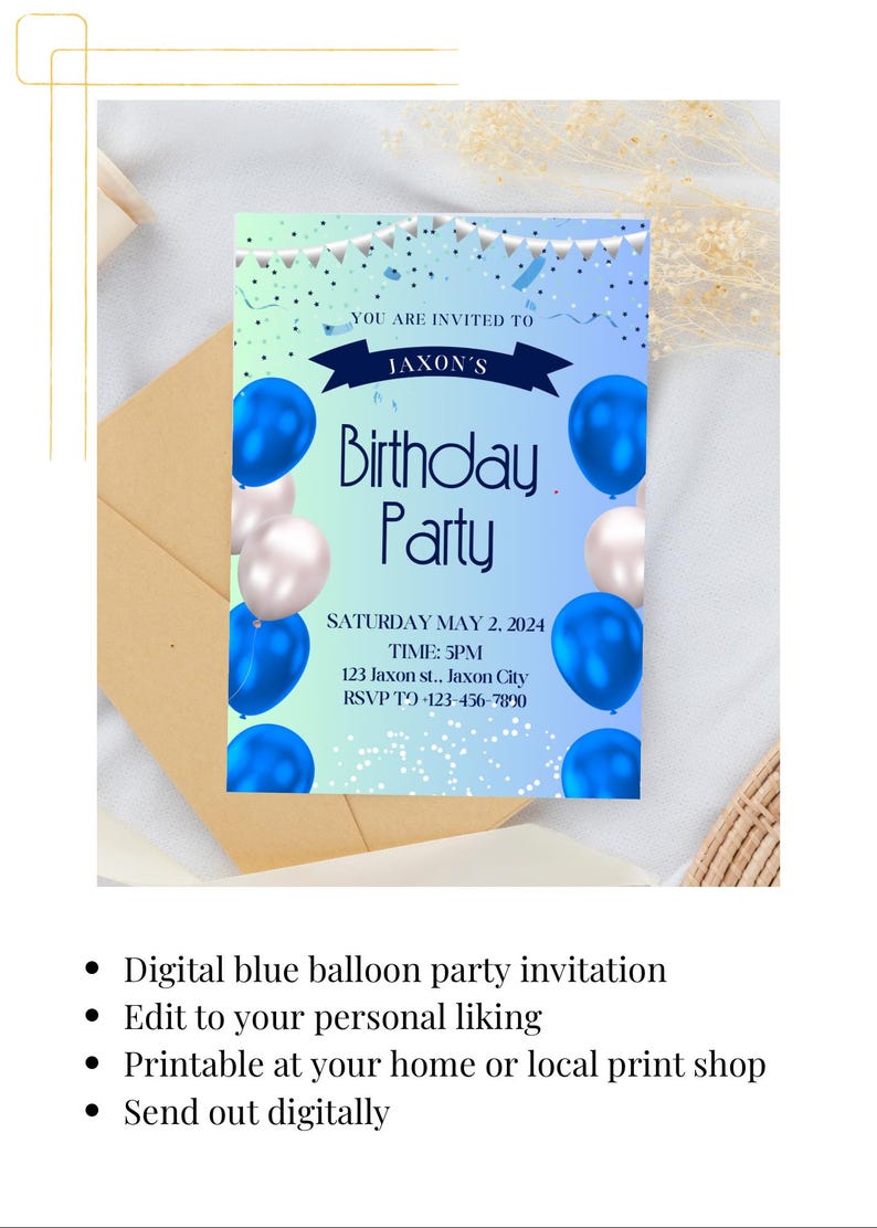 Digital Blue Balloons Birthday Party Invitation Template (editable ...
